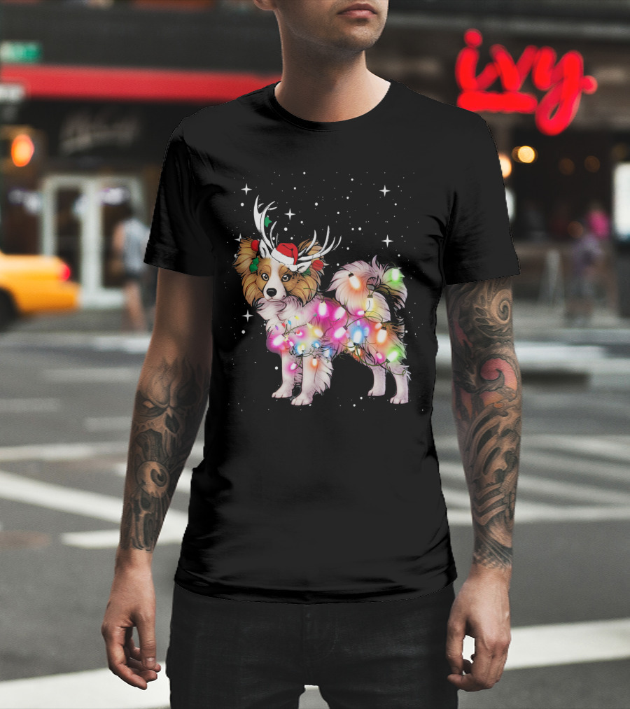 Papillon With Christmas Lights And Santa Antlers T-Shirt