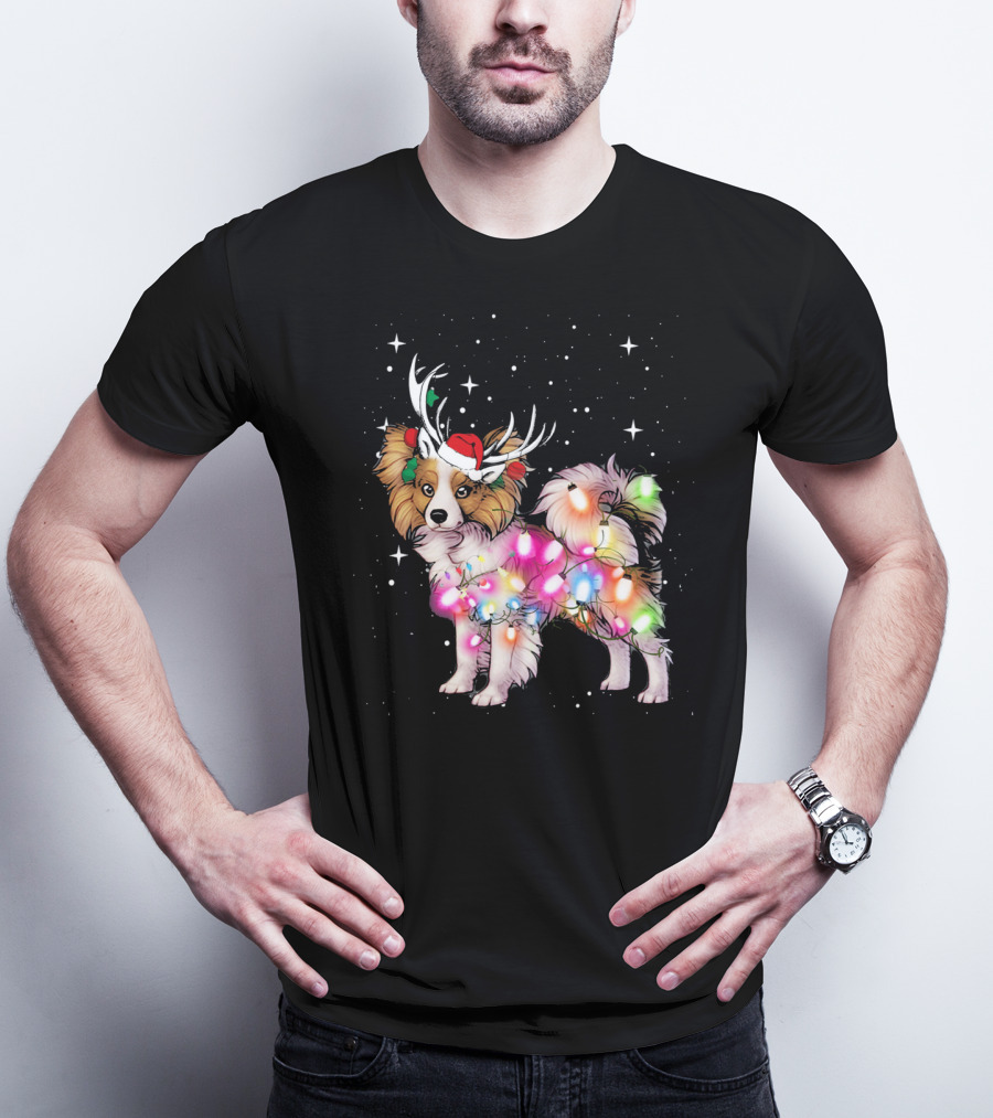 Papillon With Christmas Lights And Santa Antlers T-Shirt