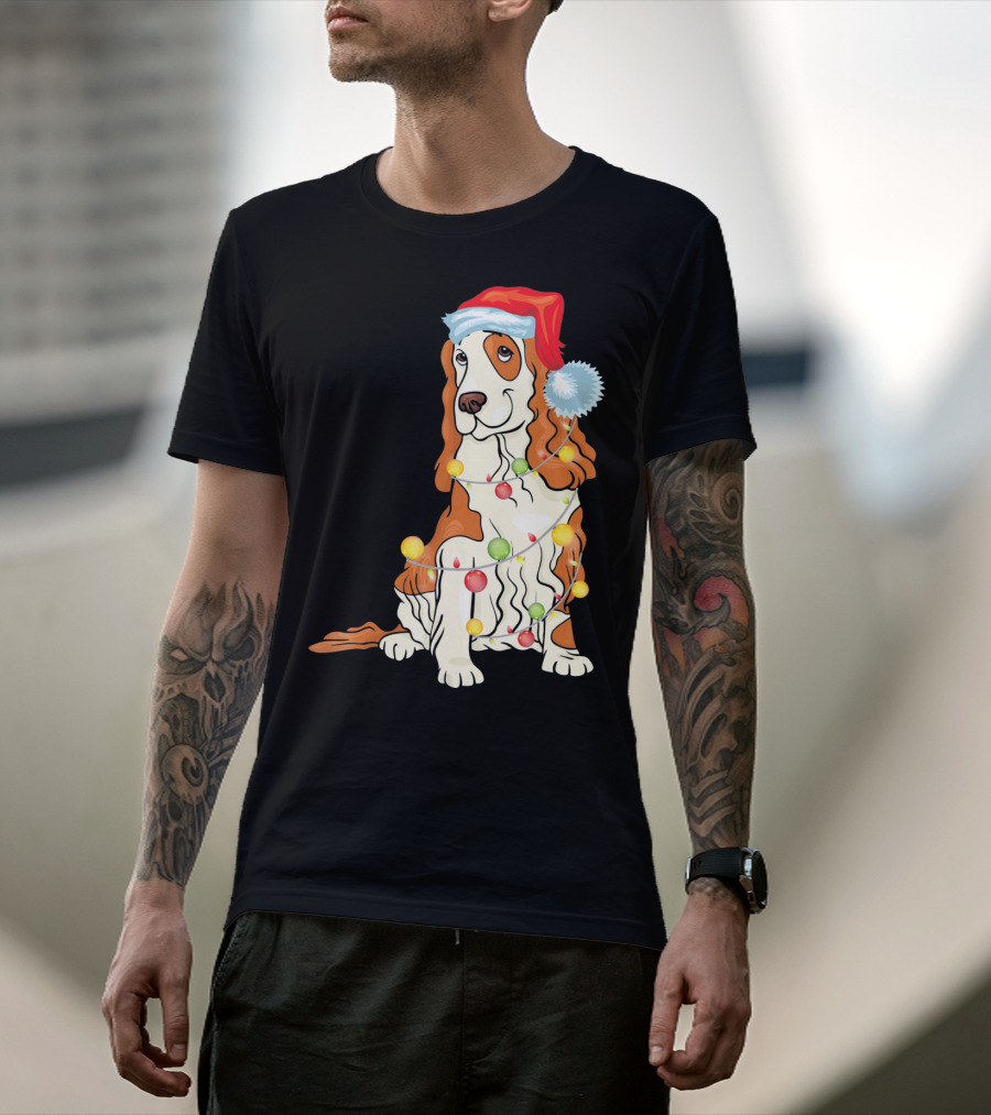 Cocker Spaniel Wearing Santa Hat With Colorful Christmas Lights T-Shirt
