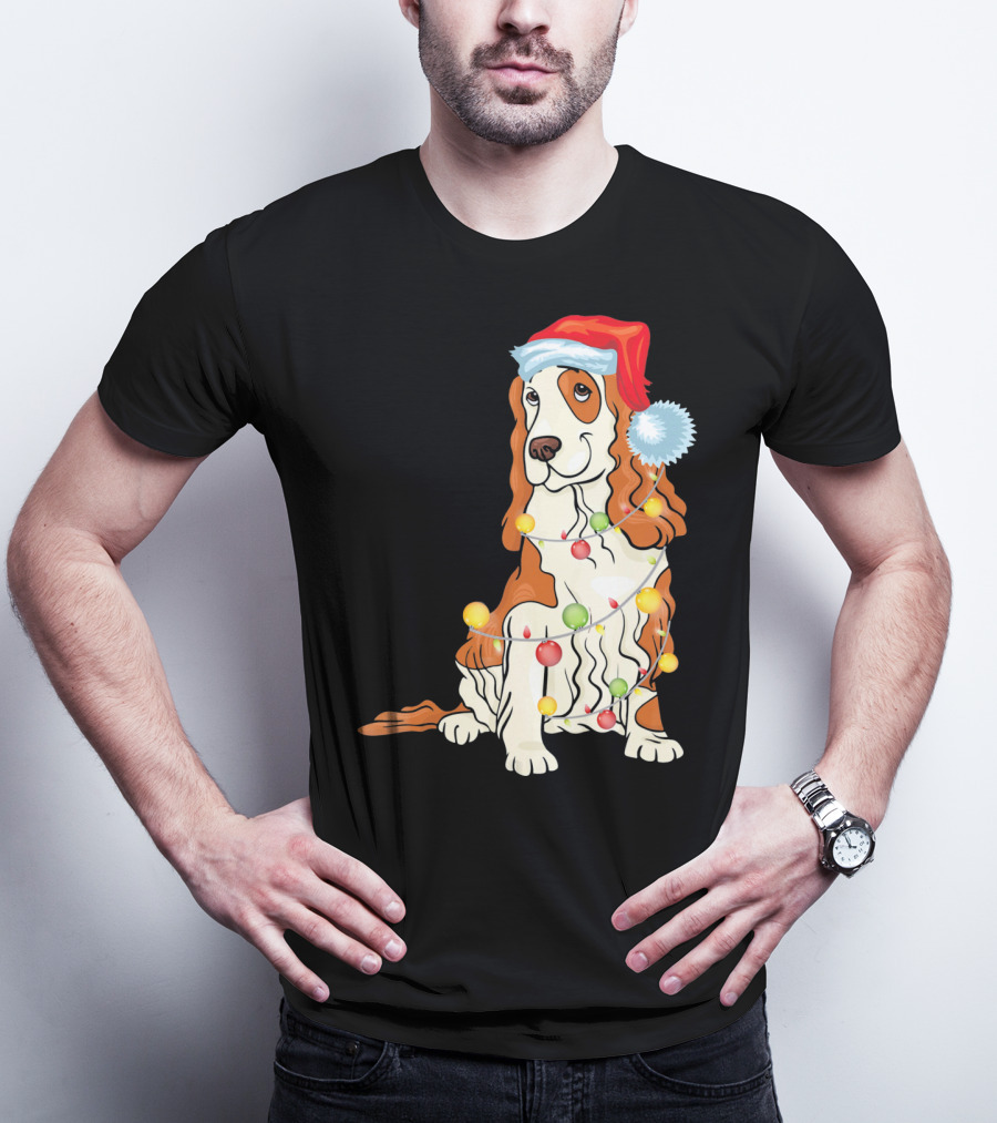 Cocker Spaniel Wearing Santa Hat With Colorful Christmas Lights T-Shirt