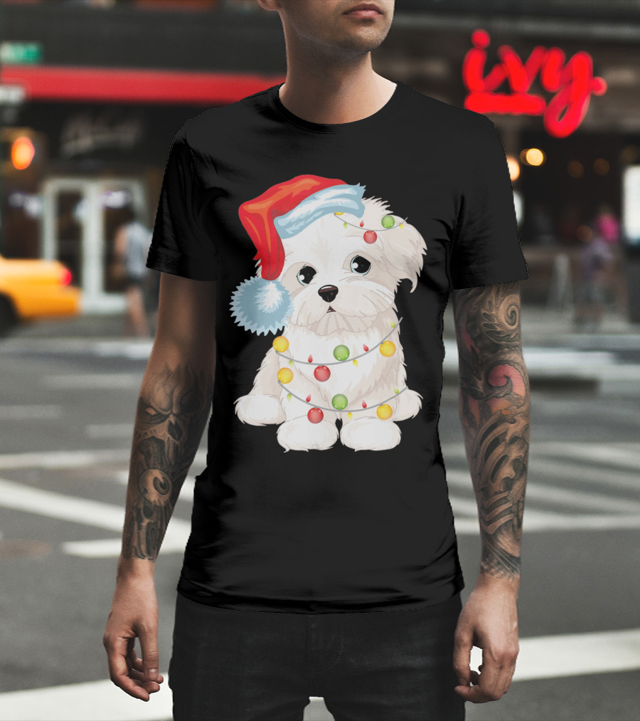 Santa Hat Maltese Dog Wrapped In Christmas Lights T-Shirt