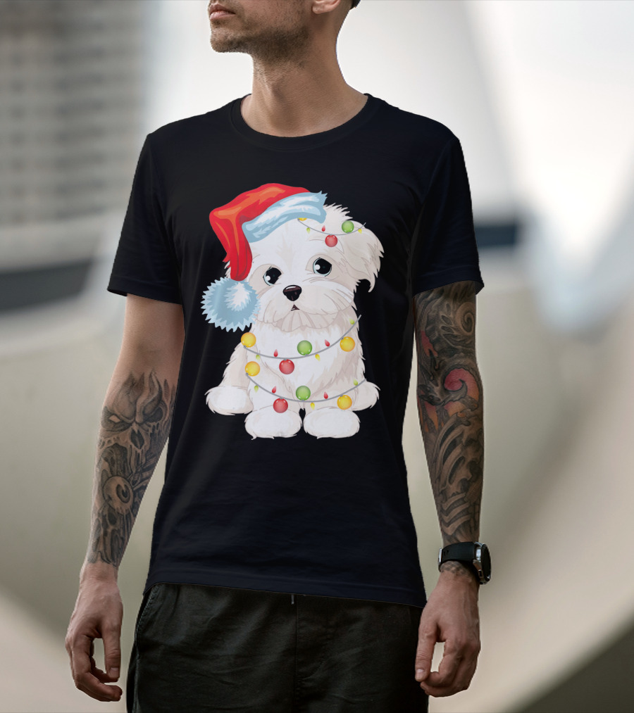 Santa Hat Maltese Dog Wrapped In Christmas Lights T-Shirt