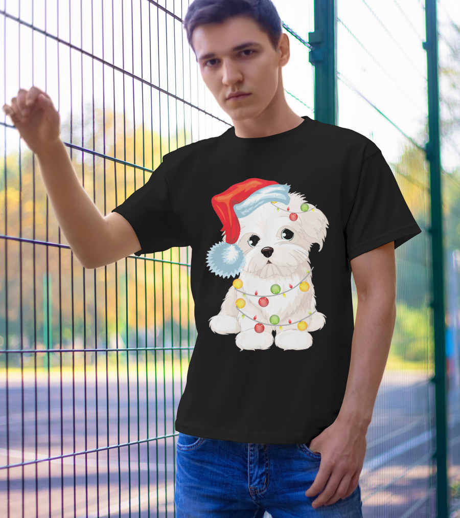 Santa Hat Maltese Dog Wrapped In Christmas Lights T-Shirt