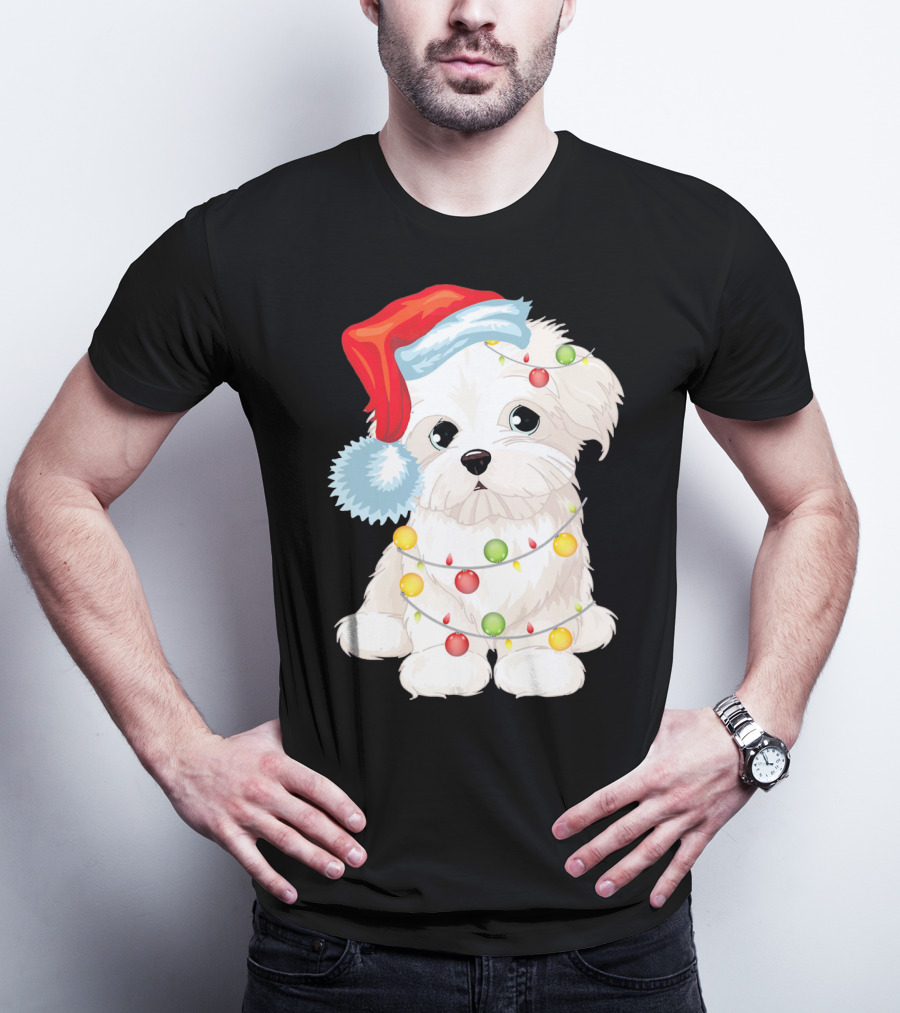 Santa Hat Maltese Dog Wrapped In Christmas Lights T-Shirt