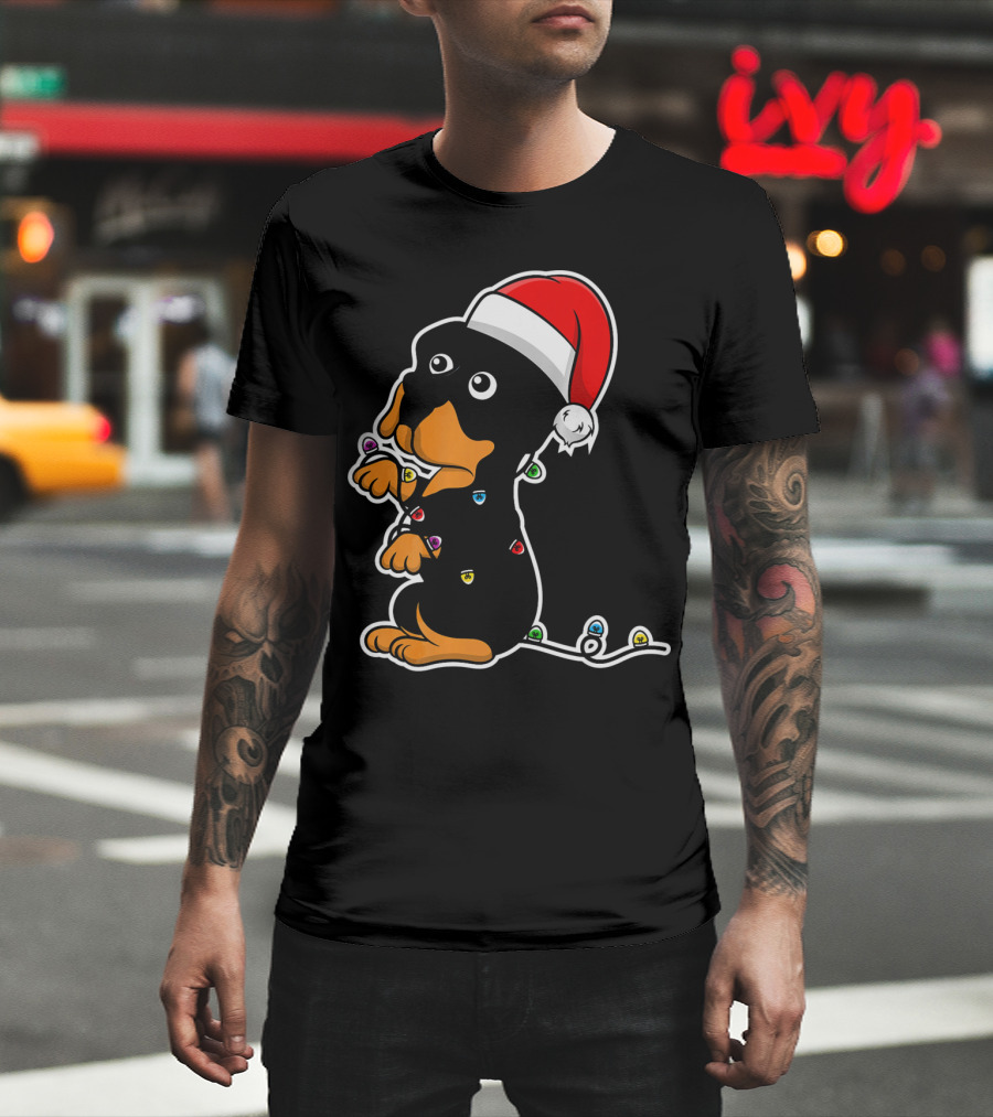 Christmas Rottweiler Puppy Santa Hat Lights T-Shirt
