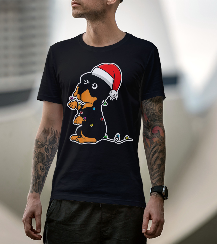Christmas Rottweiler Puppy Santa Hat Lights T-Shirt