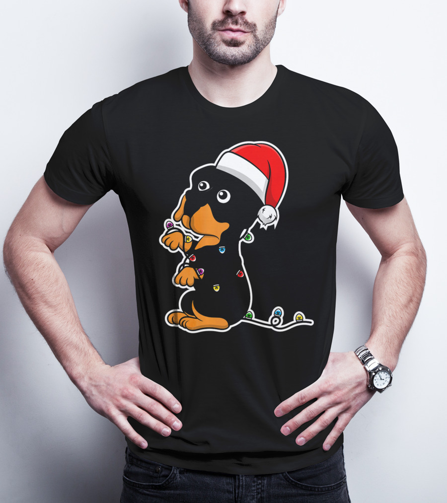 Christmas Rottweiler Puppy Santa Hat Lights T-Shirt