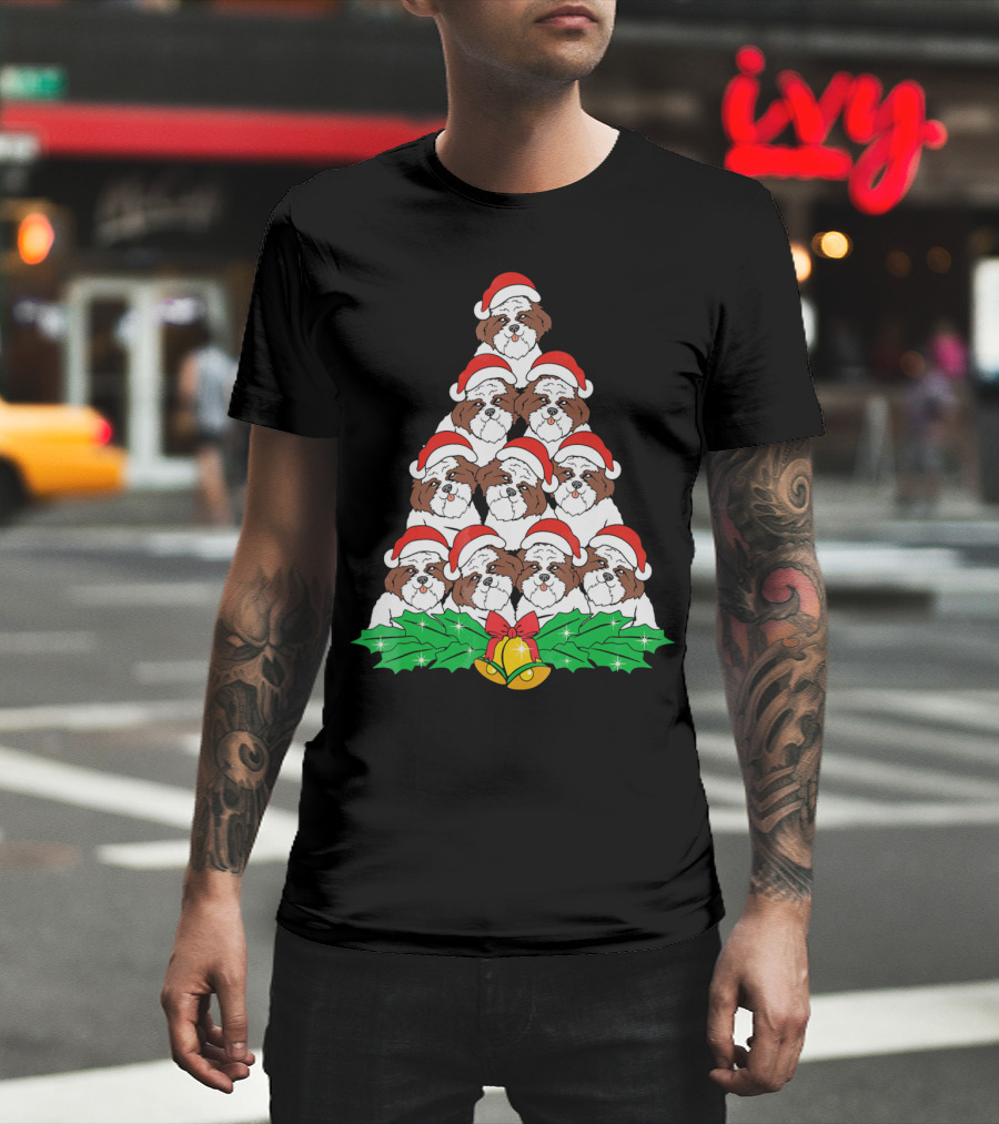Christmas Shih Tzu Santa Hats Tree With Holly And Bells T-Shirt