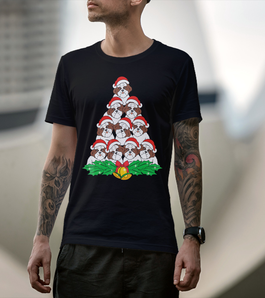 Christmas Shih Tzu Santa Hats Tree With Holly And Bells T-Shirt