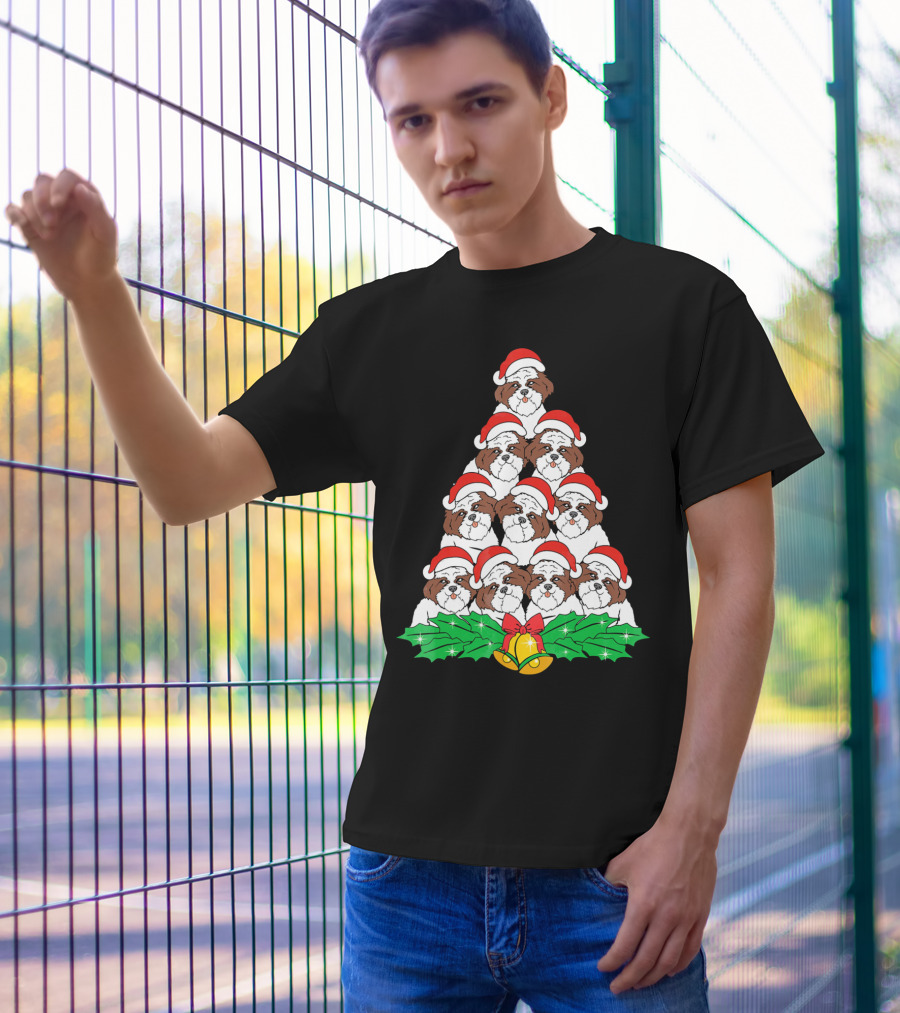 Christmas Shih Tzu Santa Hats Tree With Holly And Bells T-Shirt