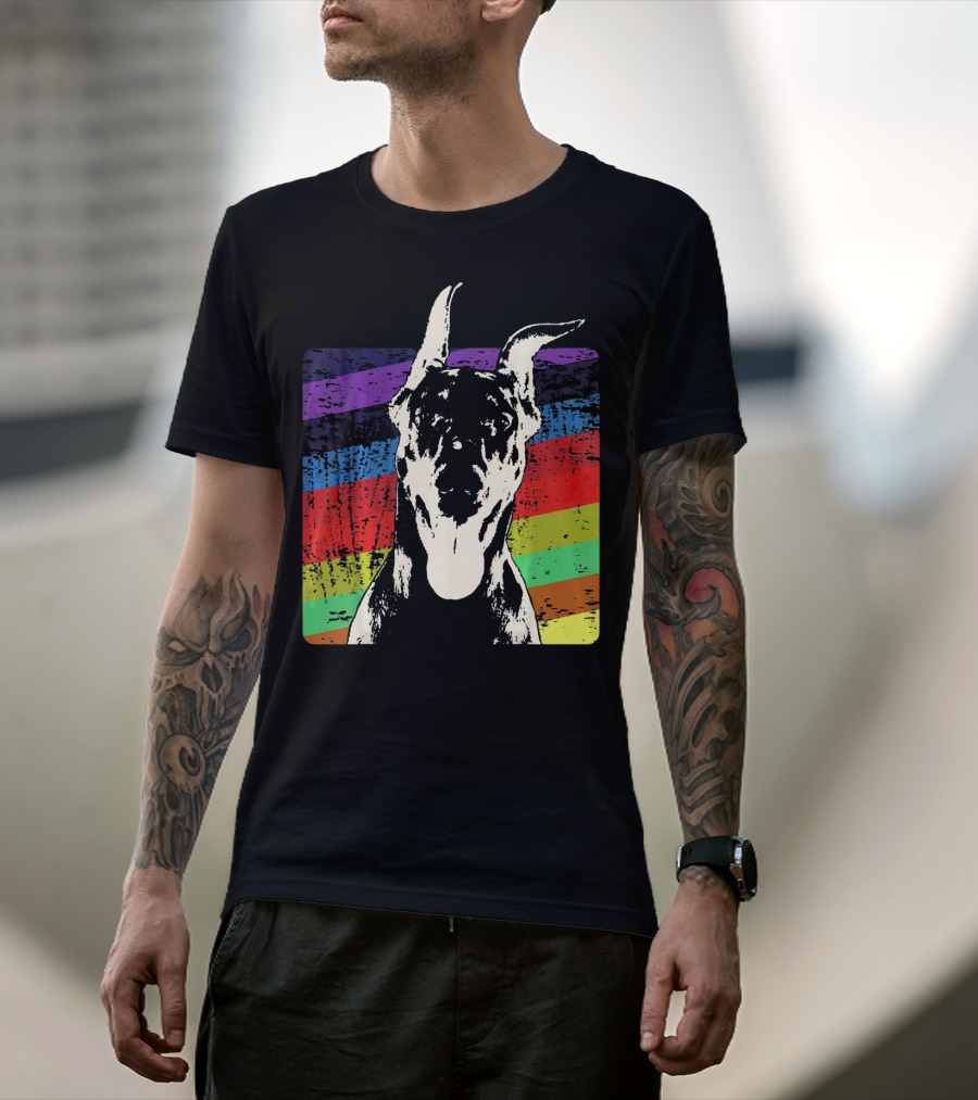 Classic Vintage Doberman Pinscher Rainbow Stripes Retro T-Shirt