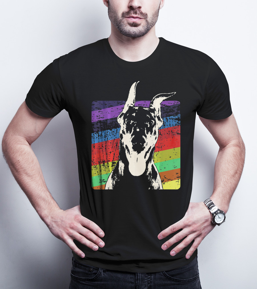 Classic Vintage Doberman Pinscher Rainbow Stripes Retro T-Shirt