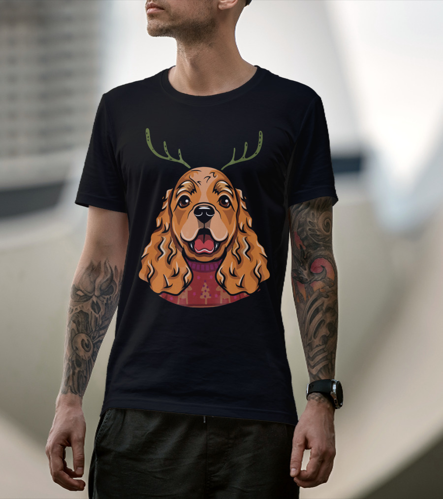 Cocker Spaniel Dog With Reindeer Antlers And Holiday T-Shirt