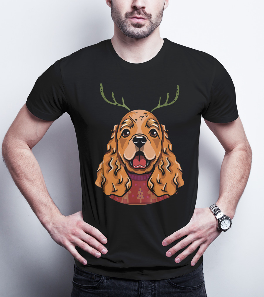 Cocker Spaniel Dog With Reindeer Antlers And Holiday T-Shirt