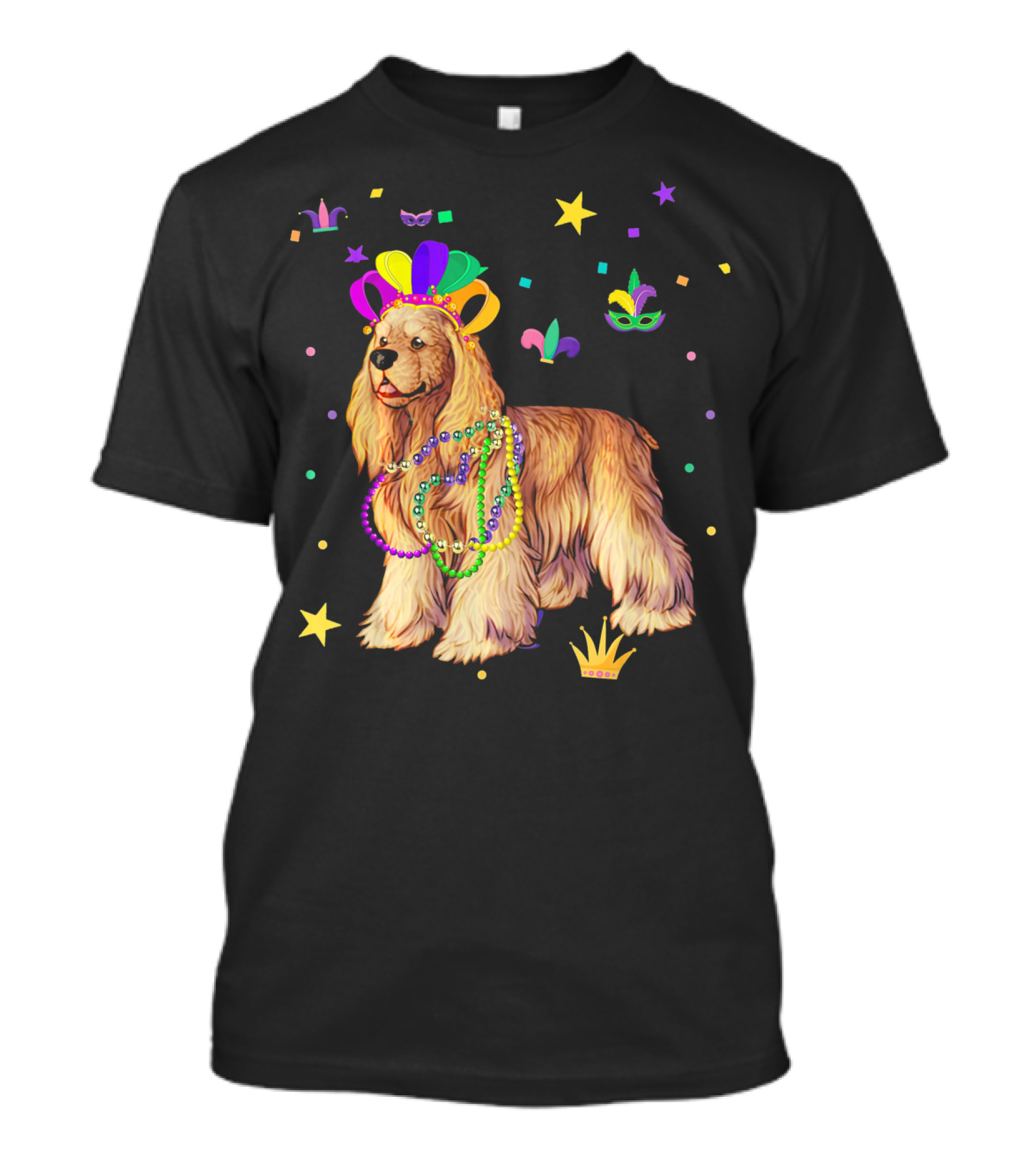 Cocker Spaniel Dog Mardi Gras Party Celebration Beads And Mask T-Shirt