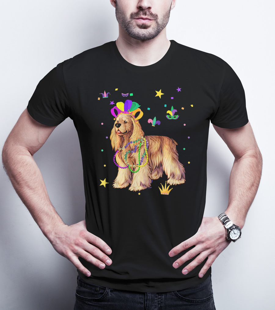 Cocker Spaniel Dog Mardi Gras Party Celebration Beads And Mask T-Shirt