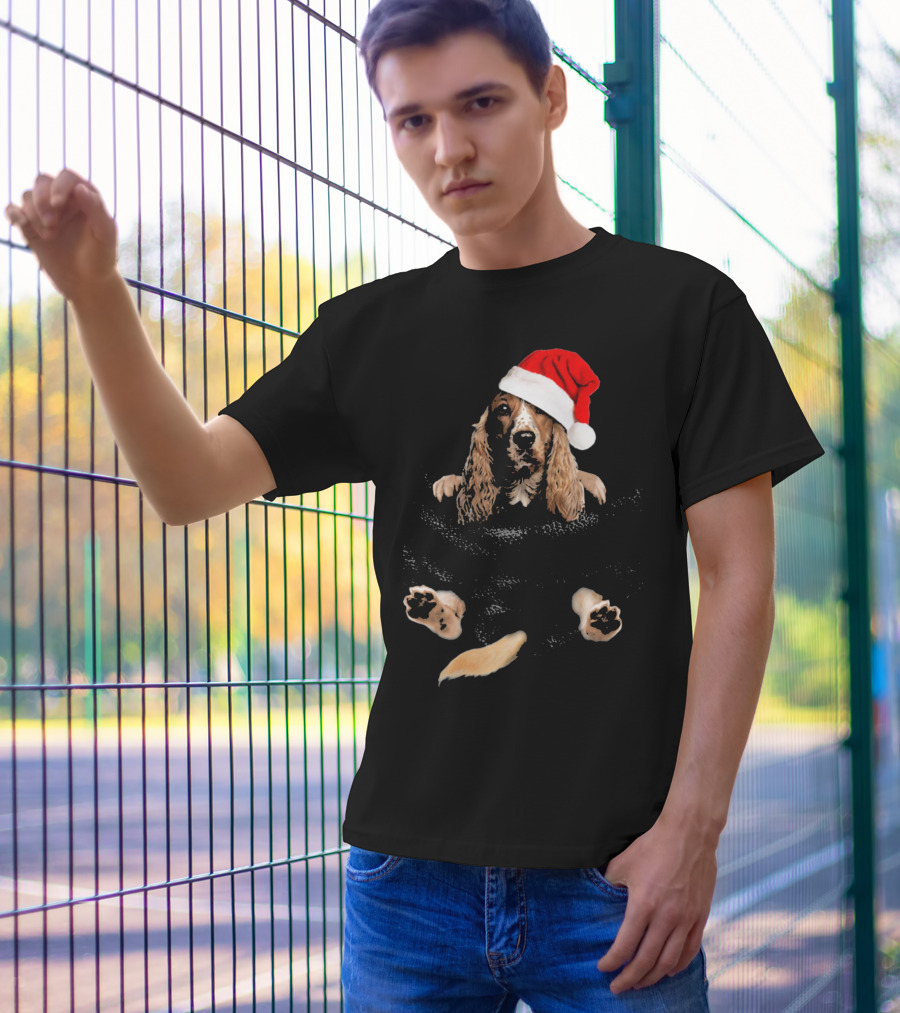 Cocker Spaniel Christmas Santa Hat In Pocket T-Shirt