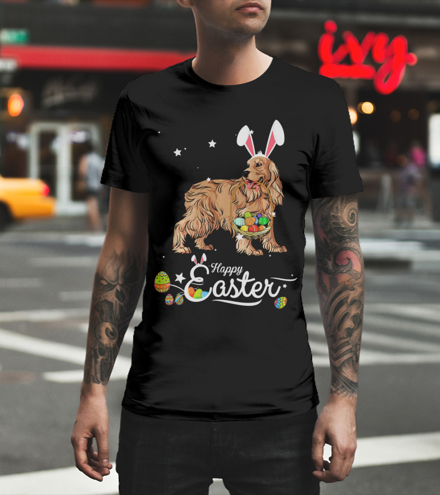 Cocker Spaniel With Bunny Hat Holding Easter Egg Basket Happy Easter T-Shirt