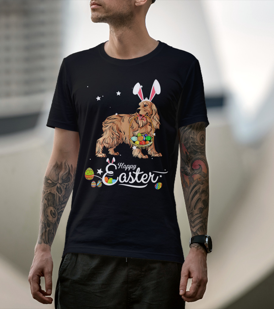 Cocker Spaniel With Bunny Hat Holding Easter Egg Basket Happy Easter T-Shirt