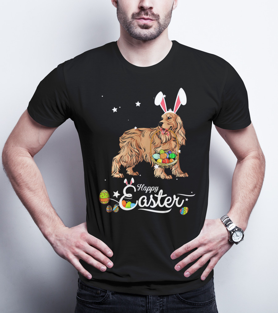 Cocker Spaniel With Bunny Hat Holding Easter Egg Basket Happy Easter T-Shirt
