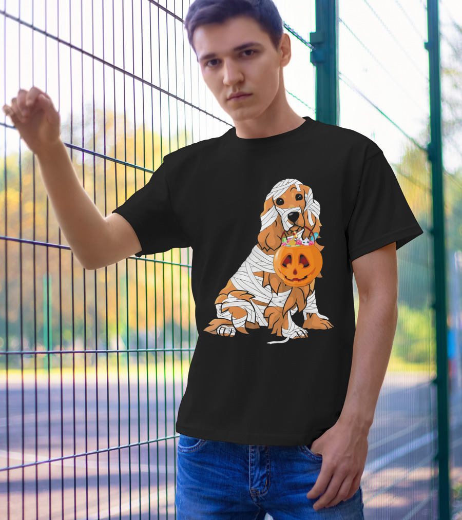 Cocker Spaniel Halloween Mummy Pumpkin Bucket T-Shirt