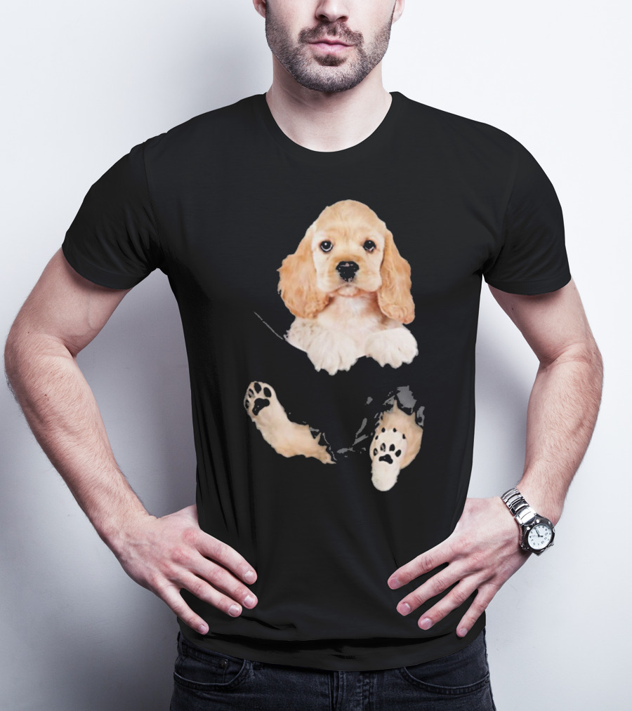 Cocker Spaniel Puppy With Paws Peeking From Pocket T-Shirt