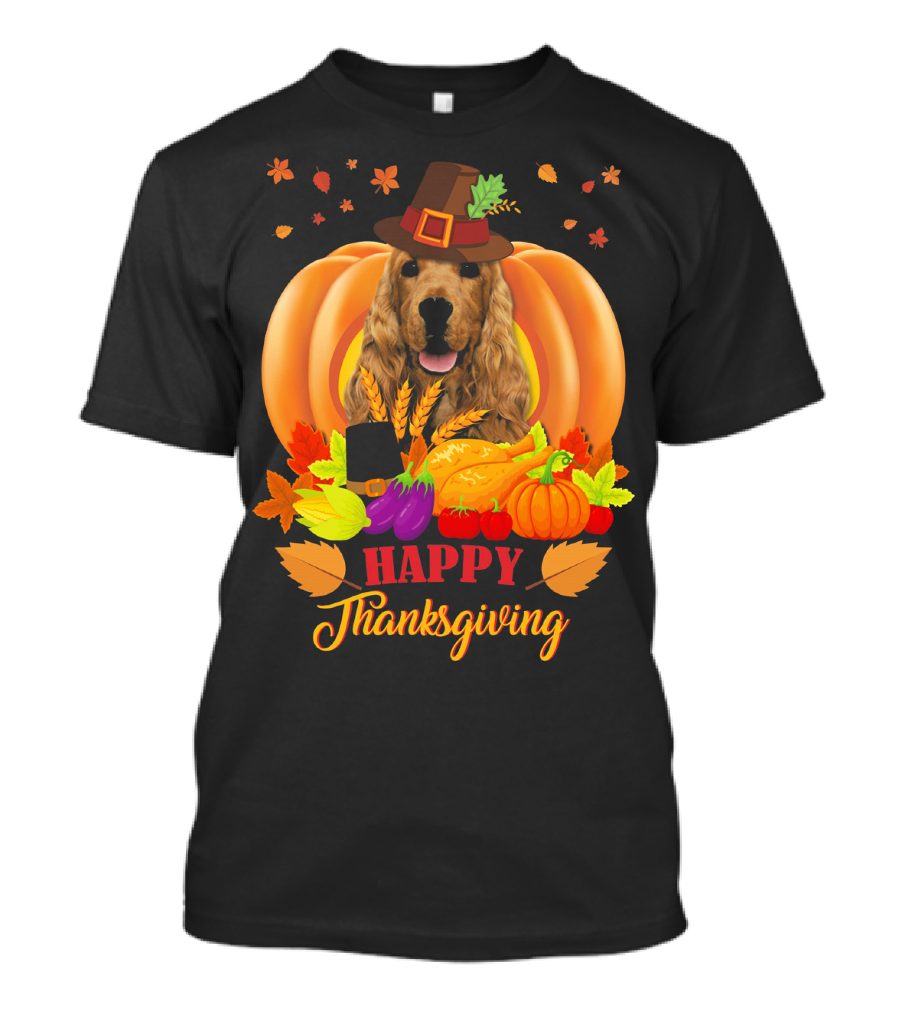 Happy Thanksgiving Cocker Spaniel With Pumpkins And Autumn Harvest T-Shirt