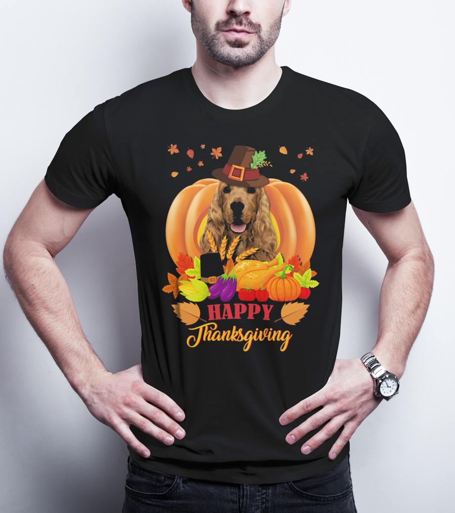 Happy Thanksgiving Cocker Spaniel With Pumpkins And Autumn Harvest T-Shirt