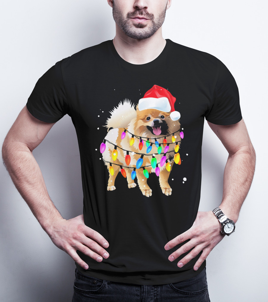 Pomeranian With Santa Hat And Colorful Christmas Lights T-Shirt