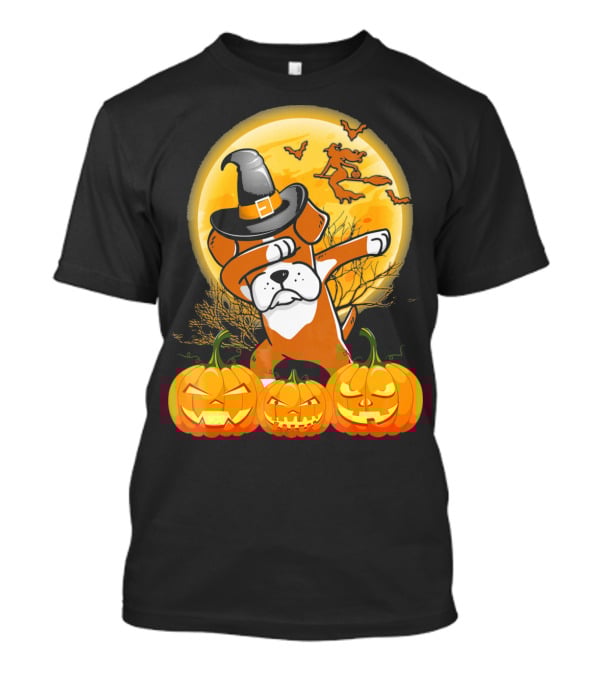 Halloween Dabbing Boxer Dog Witch Hat Pumpkins Bats Moon T-Shirt