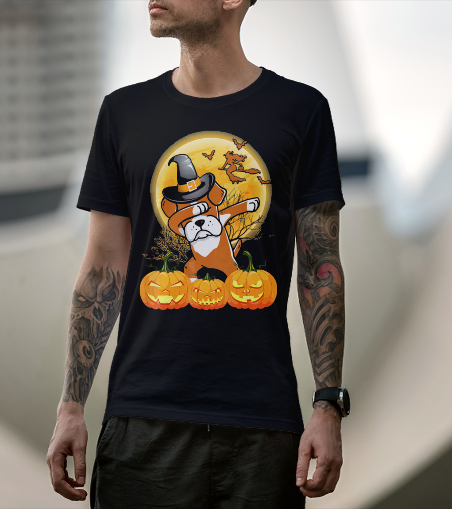Halloween Dabbing Boxer Dog Witch Hat Pumpkins Bats Moon T-Shirt