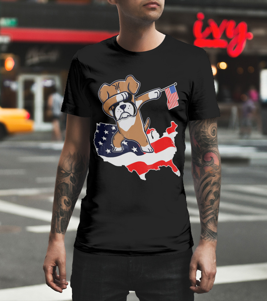 Dabbing Boxer Dog With American Flag Map Background T-Shirt