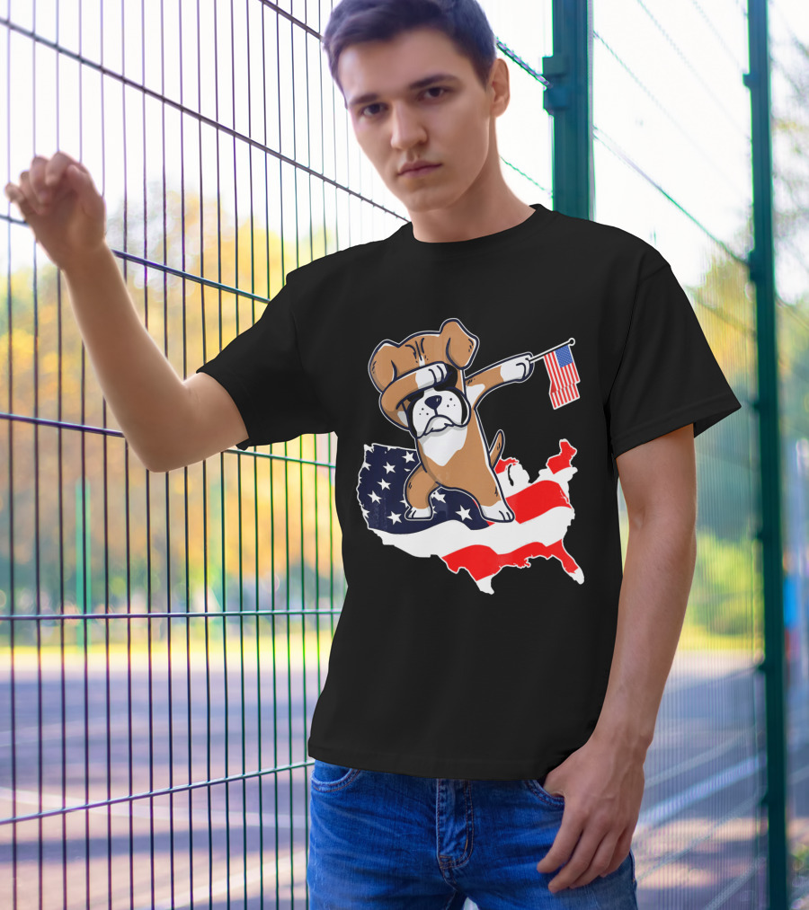 Dabbing Boxer Dog With American Flag Map Background T-Shirt