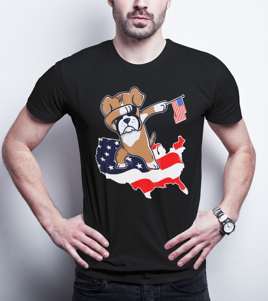 Dabbing Boxer Dog With American Flag Map Background T-Shirt