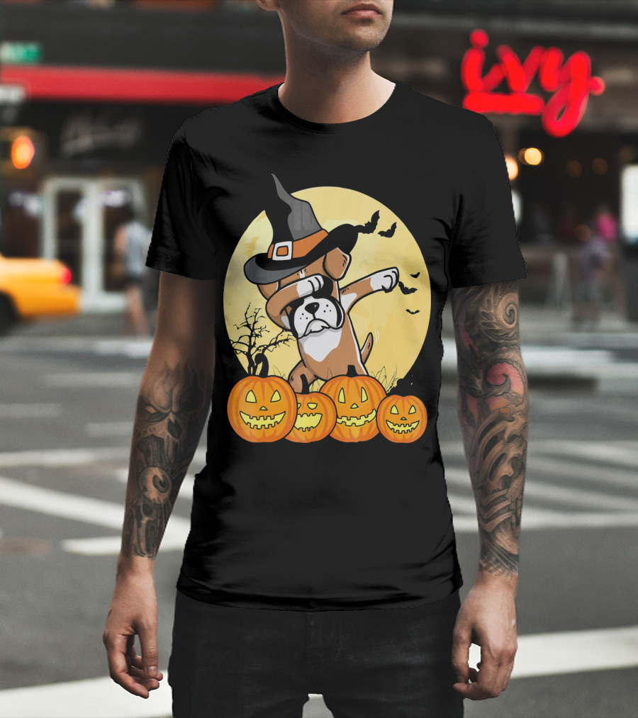 Dabbing Boxer Dog Witch Hat Pumpkin Halloween Dab Dance T-Shirt