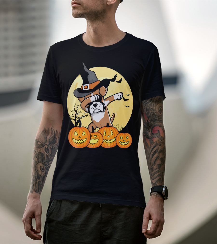 Dabbing Boxer Dog Witch Hat Pumpkin Halloween Dab Dance T-Shirt