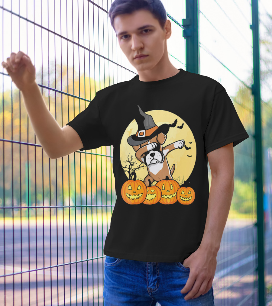 Dabbing Boxer Dog Witch Hat Pumpkin Halloween Dab Dance T-Shirt