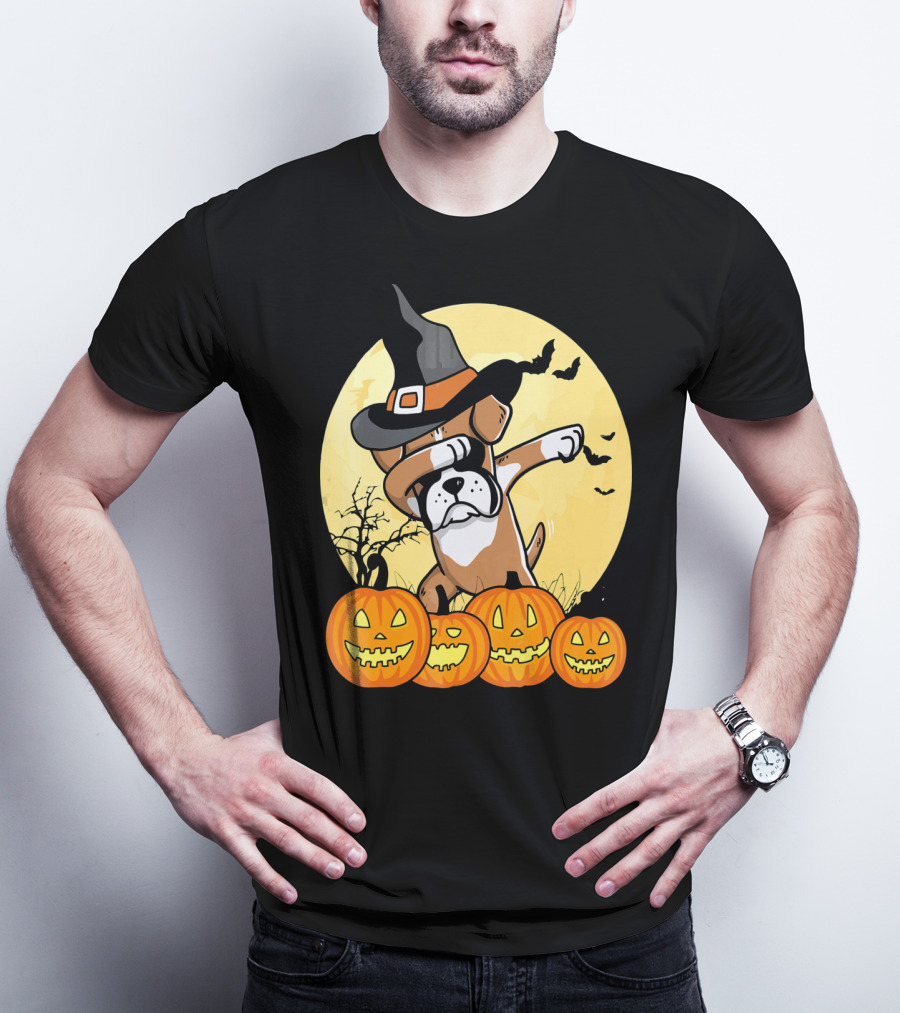 Dabbing Boxer Dog Witch Hat Pumpkin Halloween Dab Dance T-Shirt