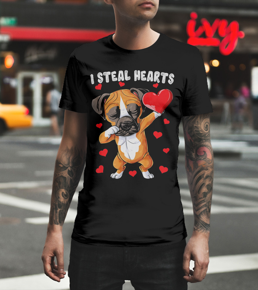 Dabbing Boxer Dog Holding Red Heart I Steal Hearts T-Shirt