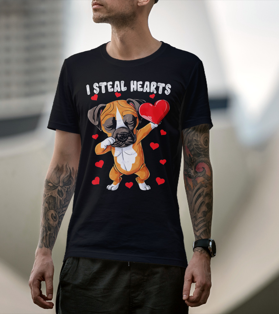 Dabbing Boxer Dog Holding Red Heart I Steal Hearts T-Shirt