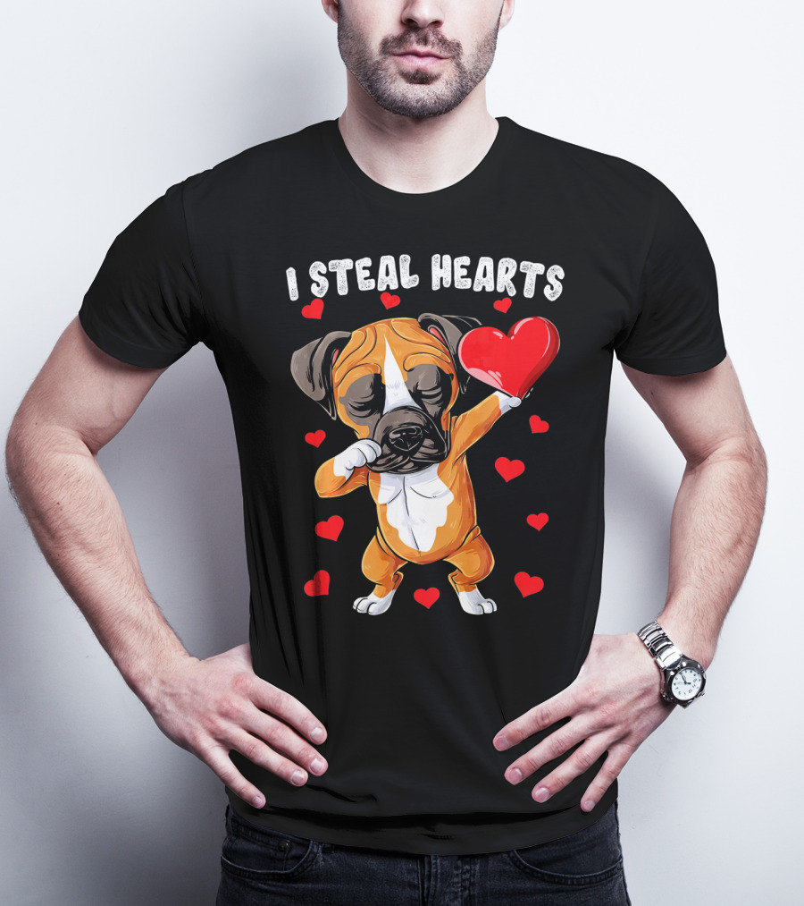 Dabbing Boxer Dog Holding Red Heart I Steal Hearts T-Shirt
