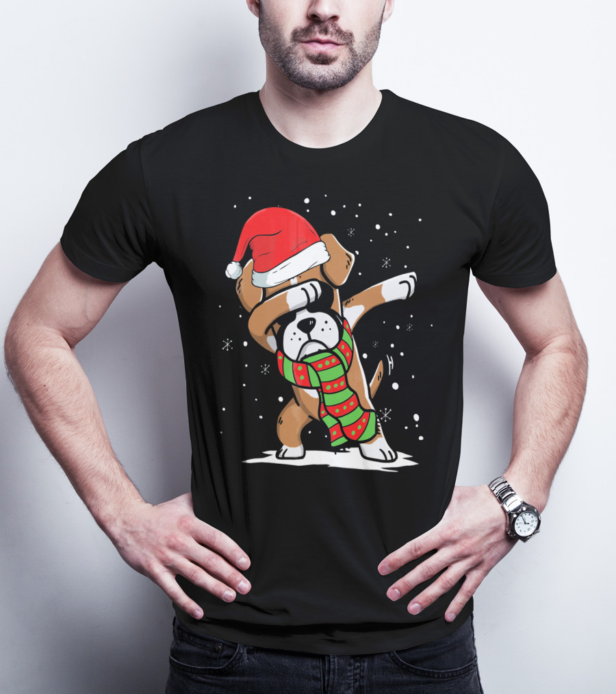 Festive Dabbing Boxer Dog In Santa Hat And Scarf For Christmas Dog Lovers T-Shirt