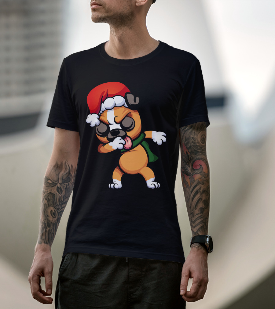 Dabbing Boxer Santa Dog Cartoon With Christmas Hat And Scarf T-Shirt