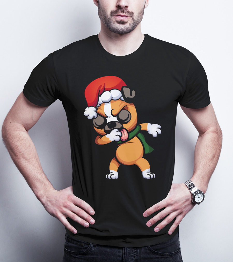 Dabbing Boxer Santa Dog Cartoon With Christmas Hat And Scarf T-Shirt