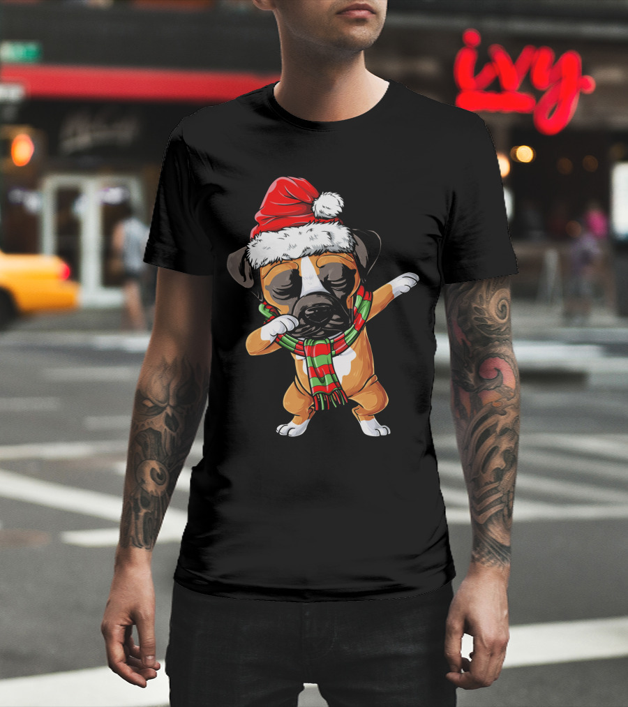 Boxer Dog Dabbing Santa Hat Christmas Scarf T-Shirt