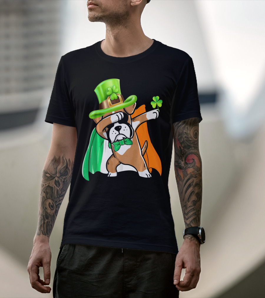 Lucky Boxer Dabbing With Irish Flag And Shamrock Hat T-Shirt