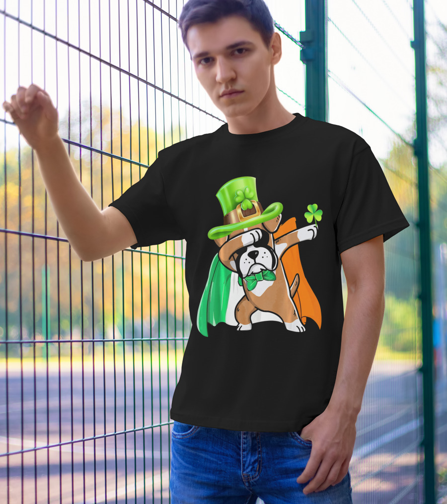 Lucky Boxer Dabbing With Irish Flag And Shamrock Hat T-Shirt