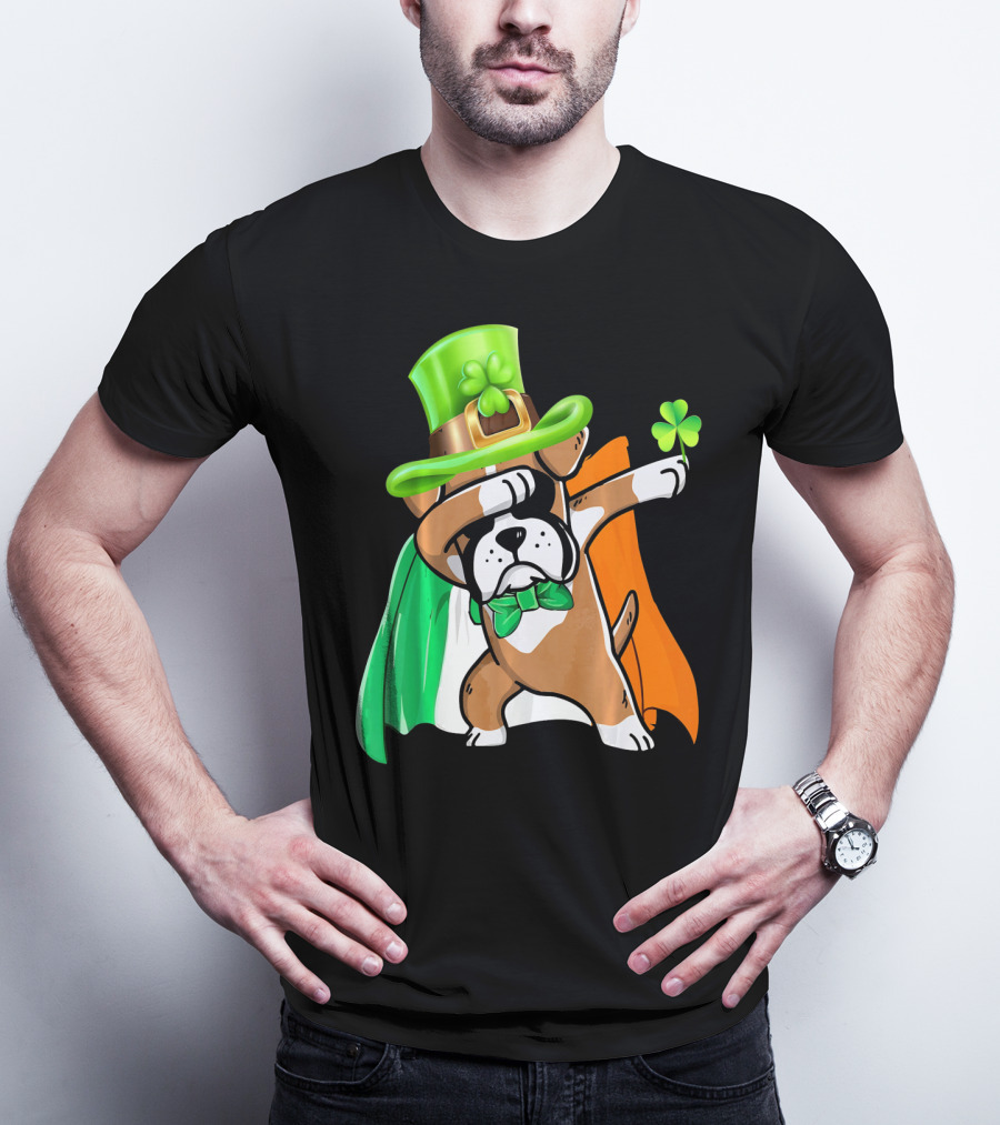 Lucky Boxer Dabbing With Irish Flag And Shamrock Hat T-Shirt