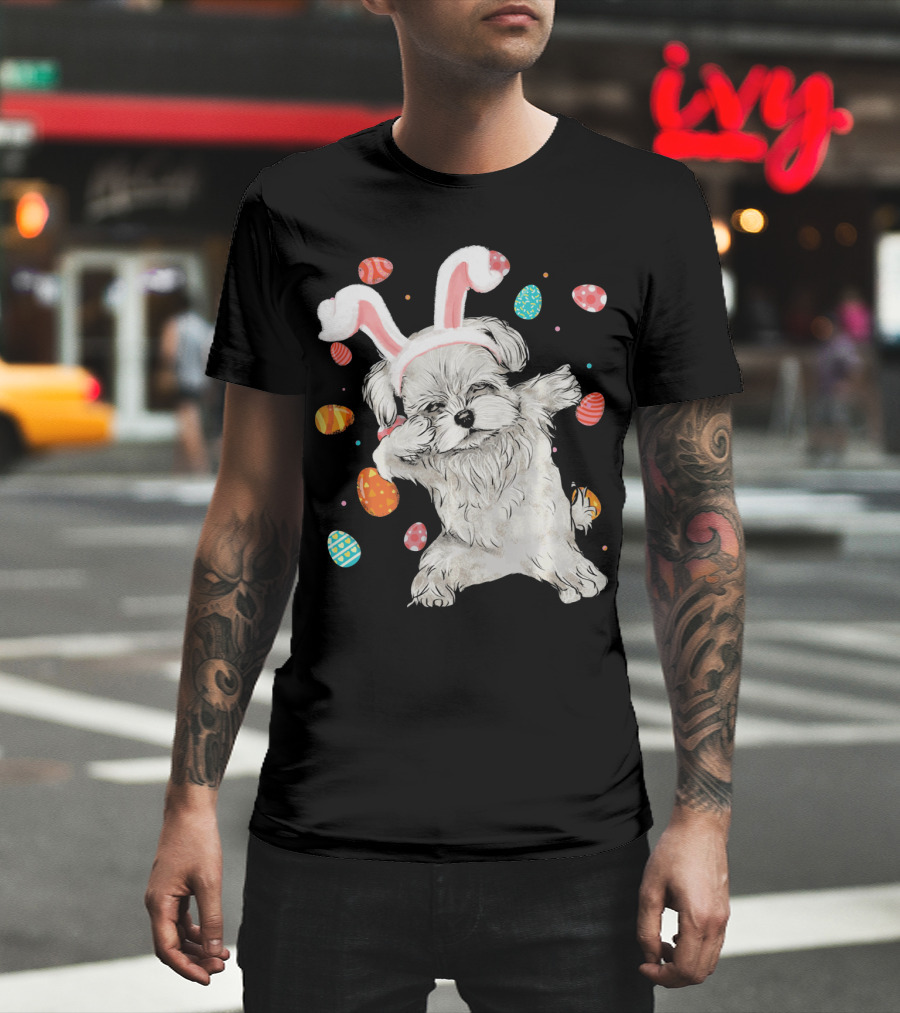 Dabbing Maltese Dog With Easter Bunny Ears And Colorful Eggs T-Shirt