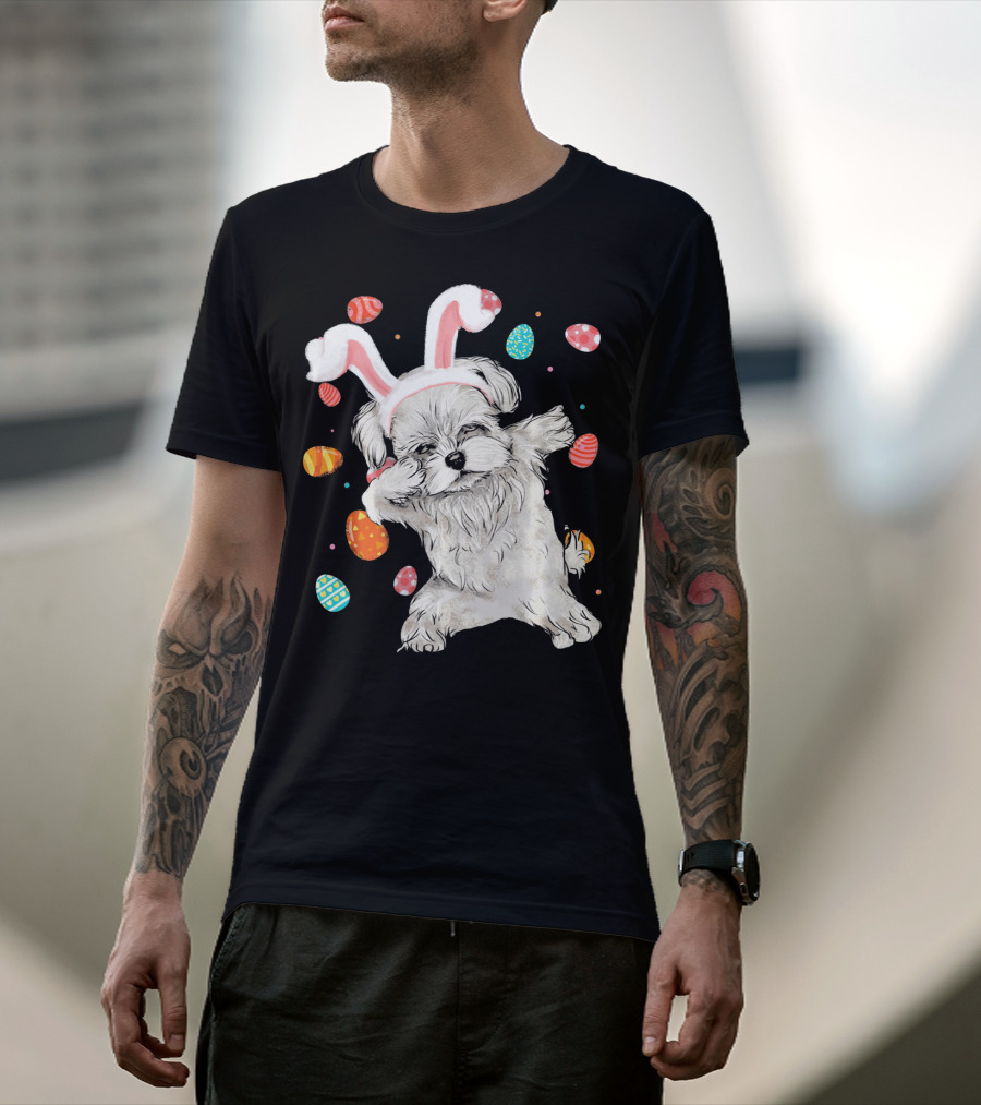 Dabbing Maltese Dog With Easter Bunny Ears And Colorful Eggs T-Shirt